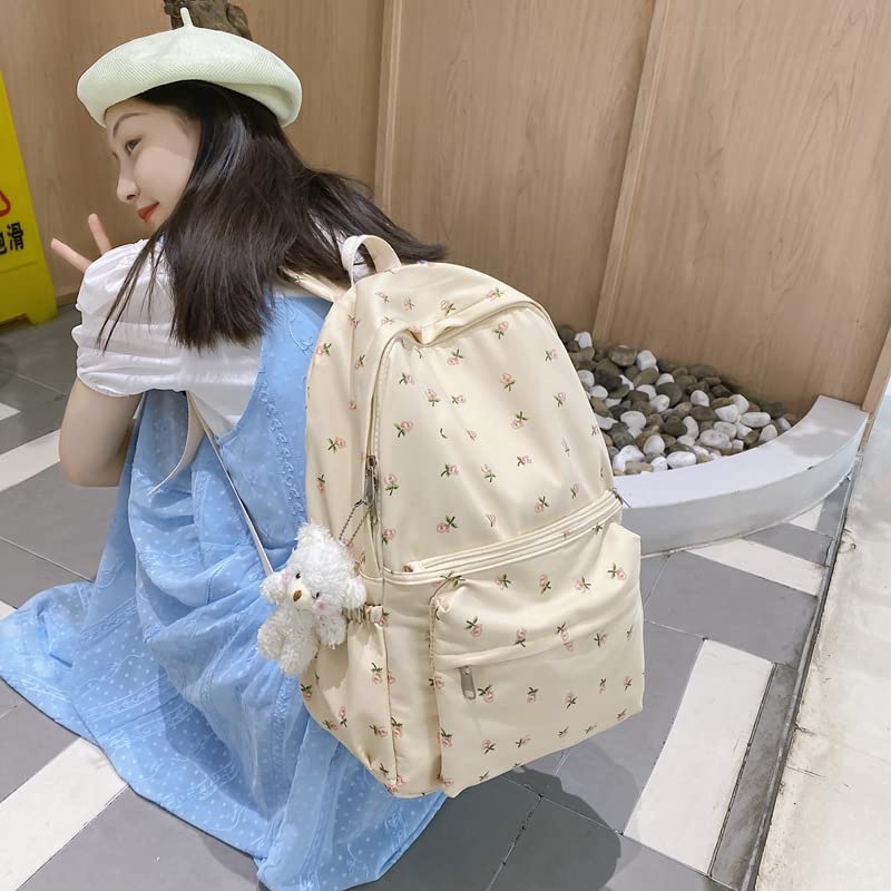 ZHHUIZ Kawaii Backpack Flower Backpack with Bear Pendant, Aesthetic School Bag Bookbag Japanese Ita Bags Cute Daypack (White), One Size