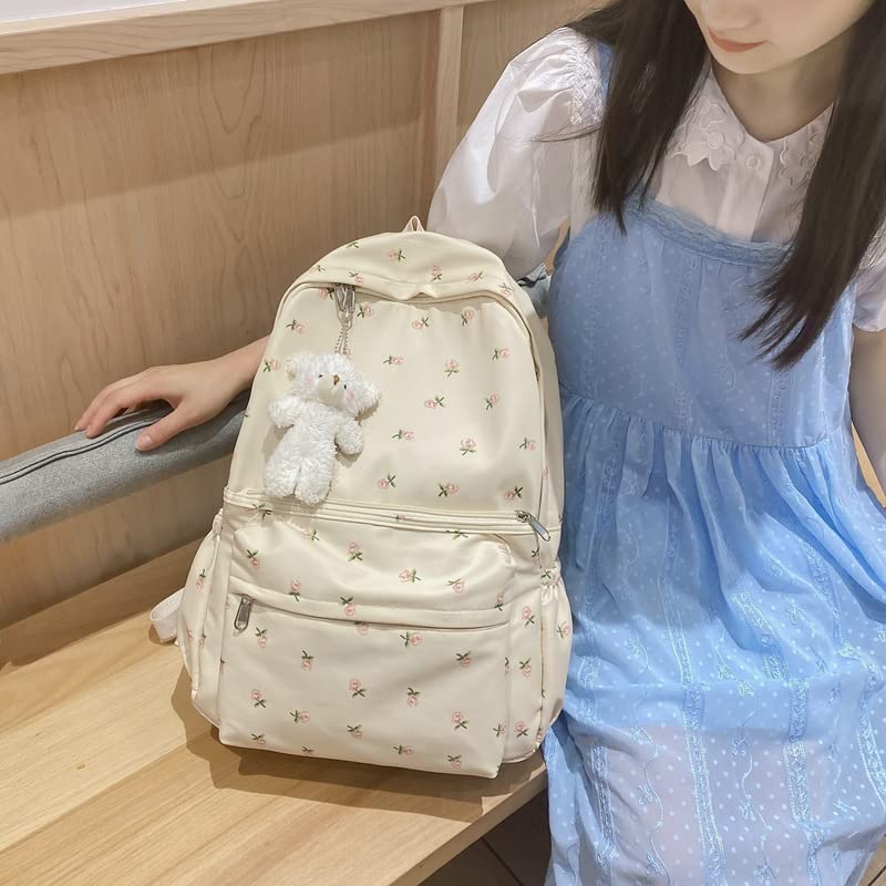 ZHHUIZ Kawaii Backpack Flower Backpack with Bear Pendant, Aesthetic School Bag Bookbag Japanese Ita Bags Cute Daypack (White), One Size