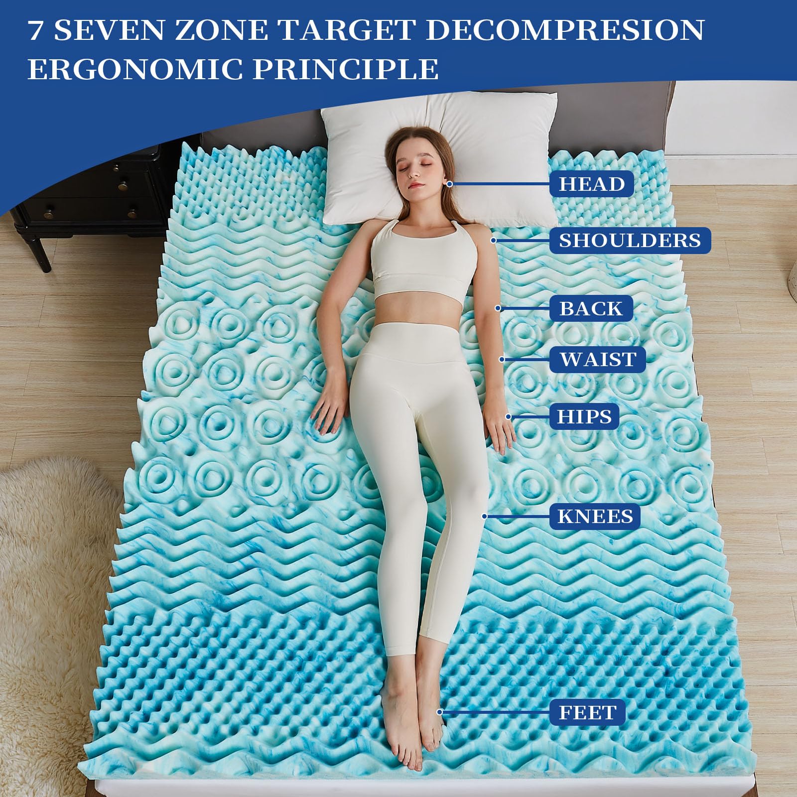DQZ 4 Inch Queen Mattress Topper 7-Zone Memory Foam Mattress Topper - High Density Cooling Pad - Upgraded Ergonomics Memory Foam Mattress - Soft Bed Topper - CertiPUR-US and Oeko-TEX Certification