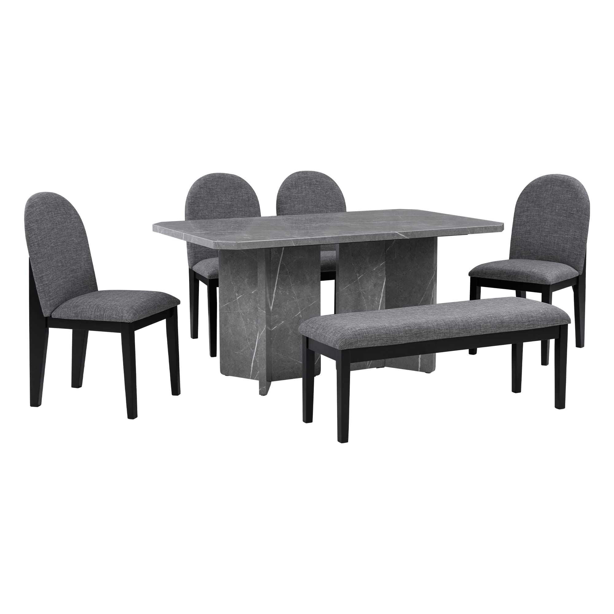 Merax 6 Pieces Dining Table Set with 4 Chairs and 1 Bench,Modern Faux Marble Kitchen Furniture, Gray