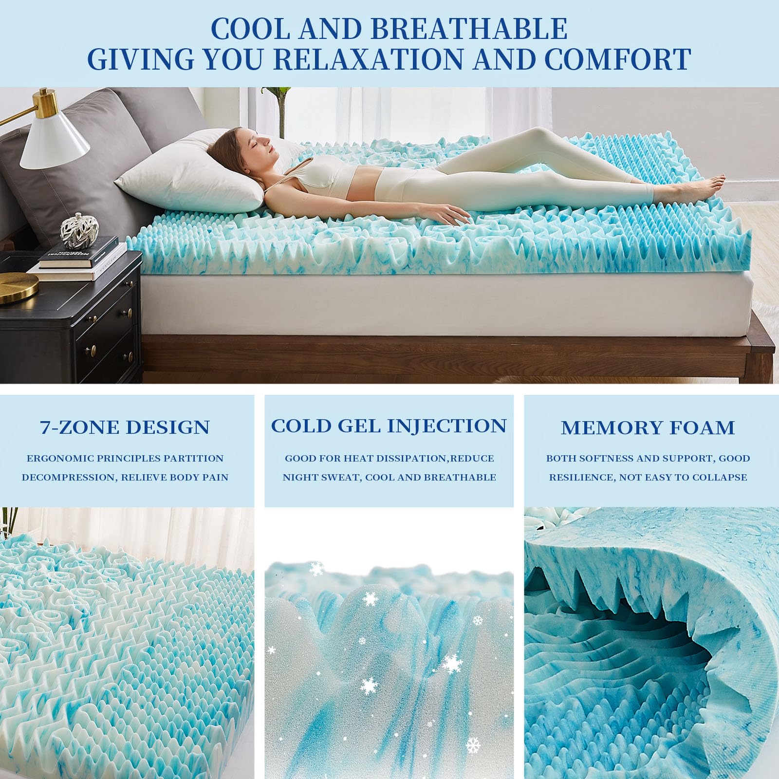 DQZ 4 Inch Queen Mattress Topper 7-Zone Memory Foam Mattress Topper - High Density Cooling Pad - Upgraded Ergonomics Memory Foam Mattress - Soft Bed Topper - CertiPUR-US and Oeko-TEX Certification