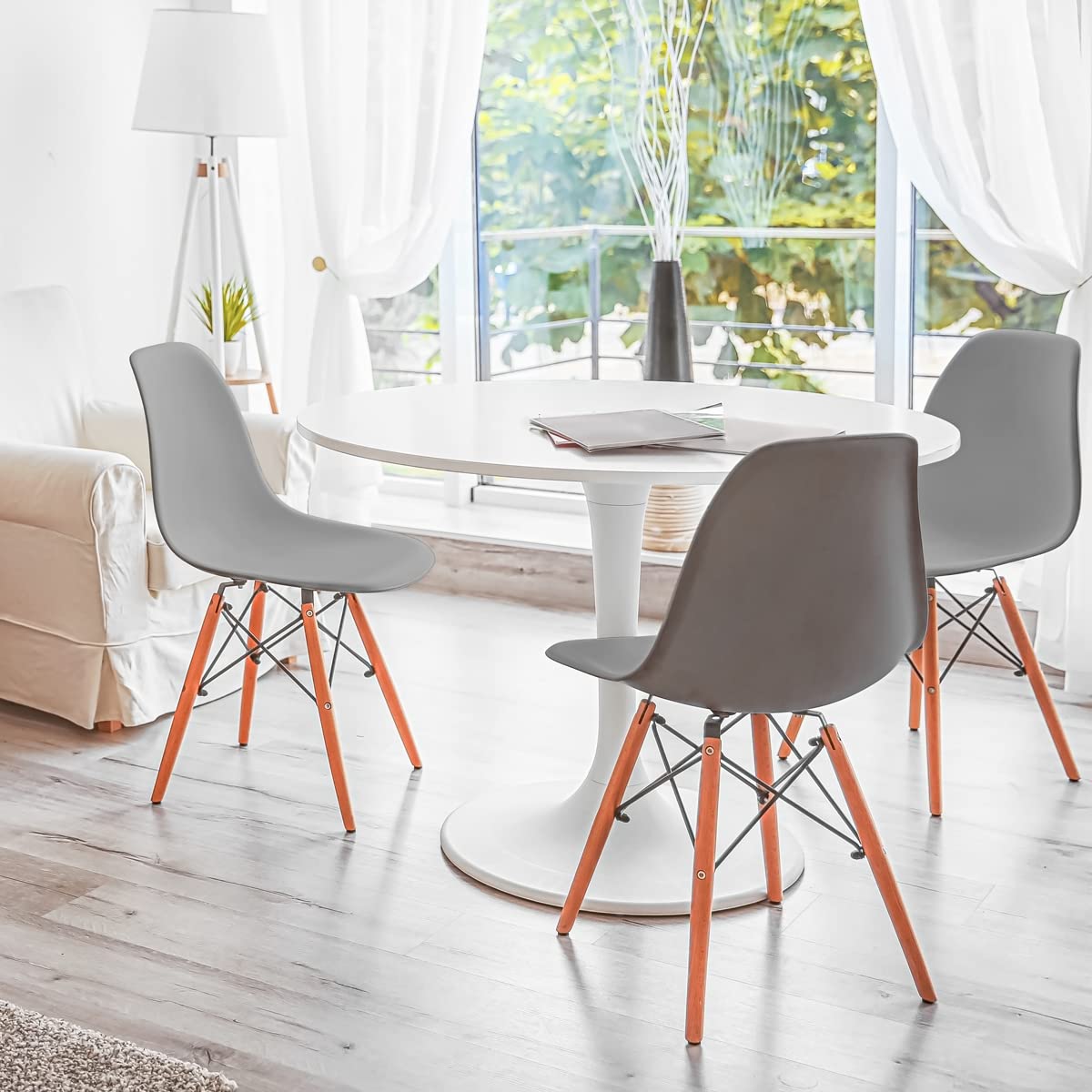 Lifetime Home Mid-Century Modern Dining Chairs Set of 2 - DSW Boho Style Plastic Chair for Living Room Bedroom Office Table Kitchen - Shell Lounge Chair with Wood Legs - Gray
