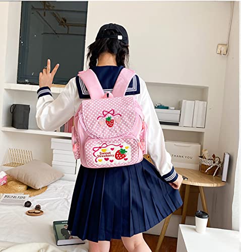 Cutemoria Girl's Kawaii Backpack Japanese Sweet Strawberry Embroidery School Backpack Casual Daypack Cute Lace Flap Backpacks, Pink, One Size