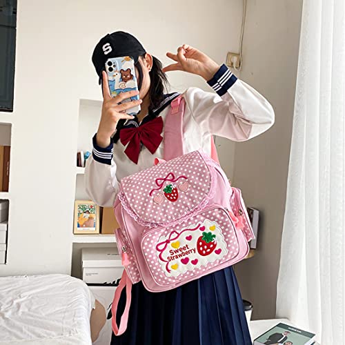 Cutemoria Girl's Kawaii Backpack Japanese Sweet Strawberry Embroidery School Backpack Casual Daypack Cute Lace Flap Backpacks, Pink, One Size
