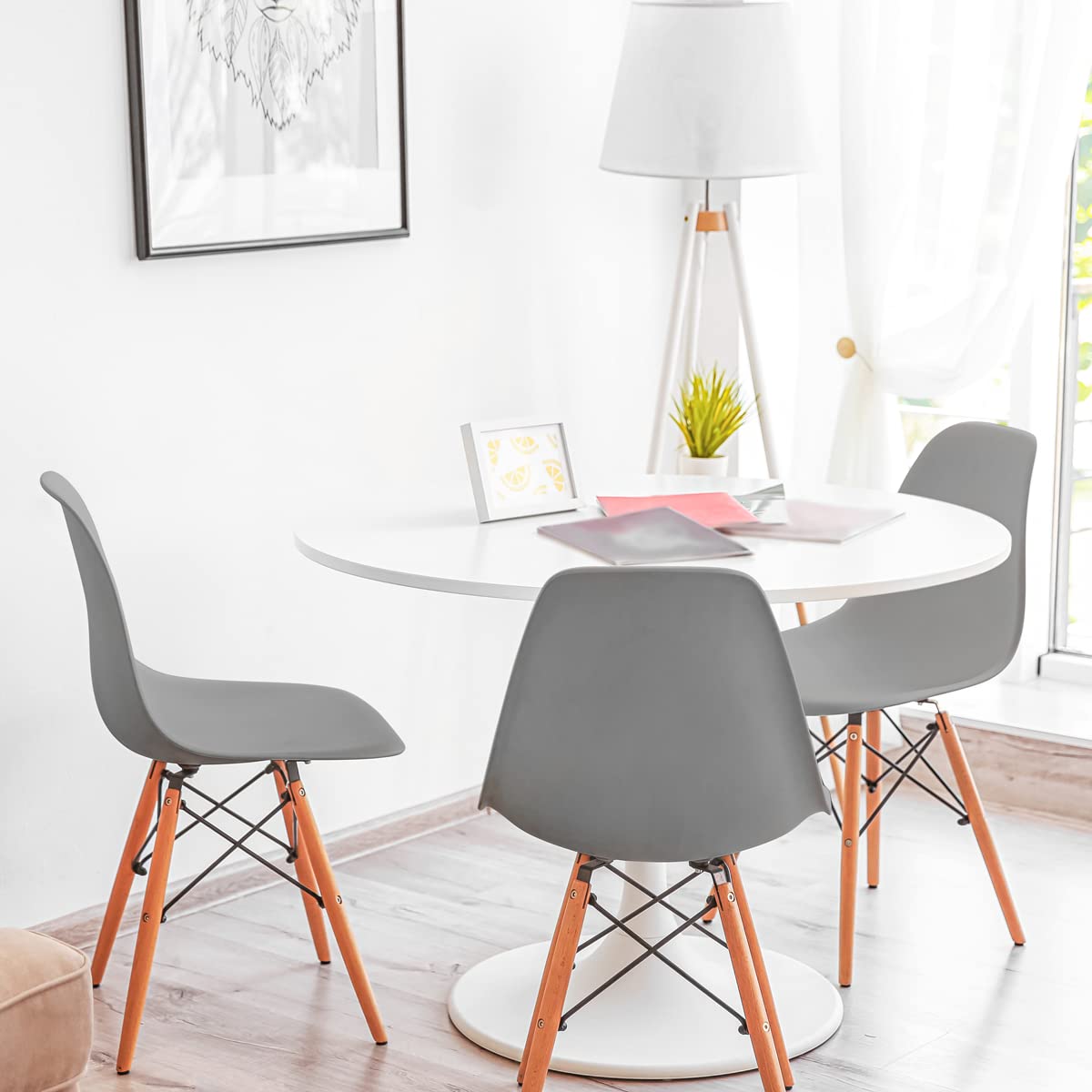 Lifetime Home Mid-Century Modern Dining Chairs Set of 2 - DSW Boho Style Plastic Chair for Living Room Bedroom Office Table Kitchen - Shell Lounge Chair with Wood Legs - Gray