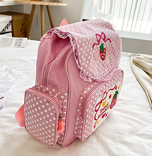 Cutemoria Girl's Kawaii Backpack Japanese Sweet Strawberry Embroidery School Backpack Casual Daypack Cute Lace Flap Backpacks, Pink, One Size