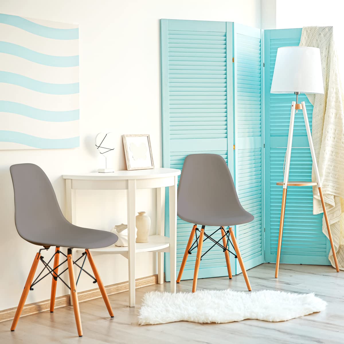 Lifetime Home Mid-Century Modern Dining Chairs Set of 2 - DSW Boho Style Plastic Chair for Living Room Bedroom Office Table Kitchen - Shell Lounge Chair with Wood Legs - Gray