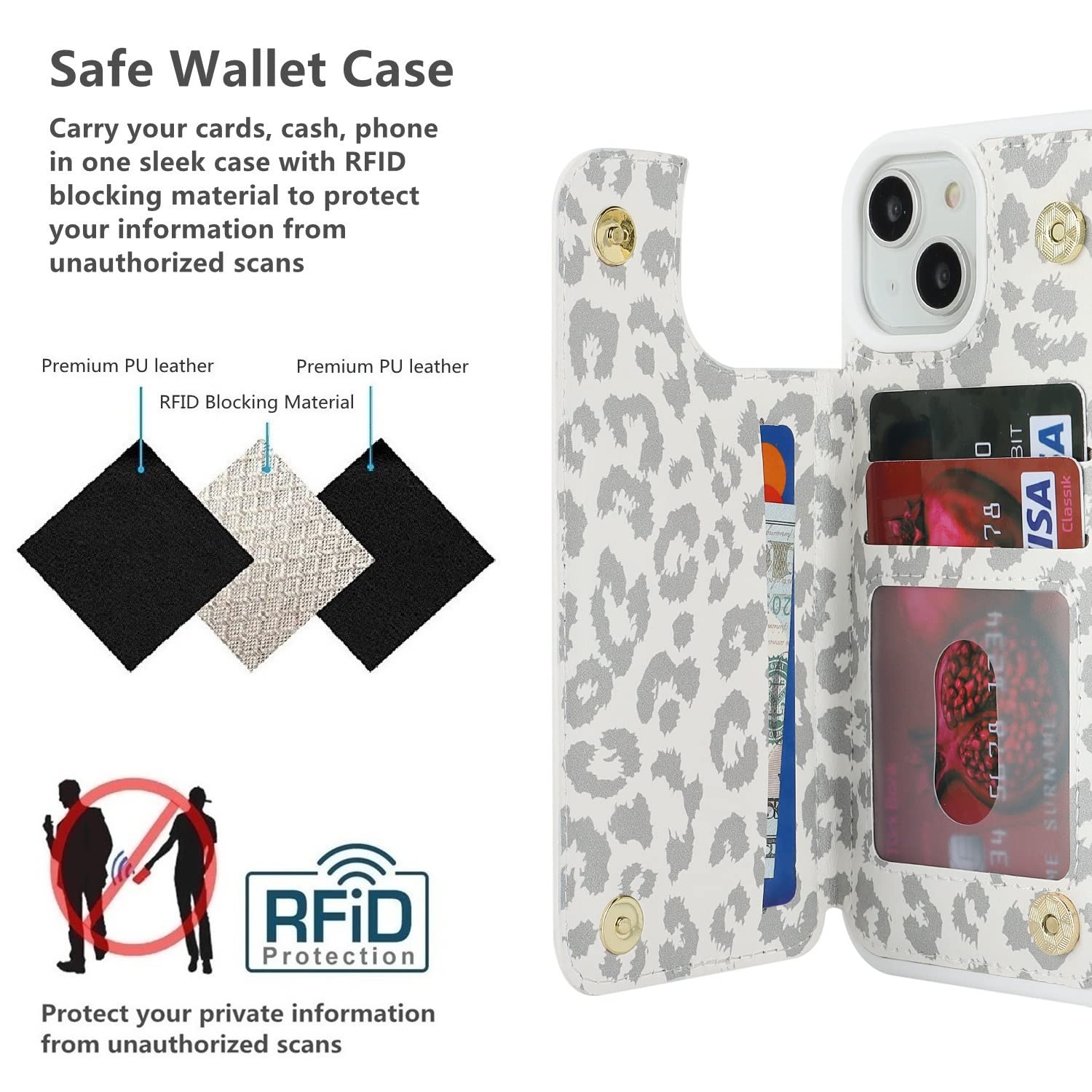 iCoverCase Compatible with iPhone 13 Phone Case with Card Holder, Wallet Case for Women Men RFID Blocking PU Leather Case 6.1 Inch (Gray Leopard)