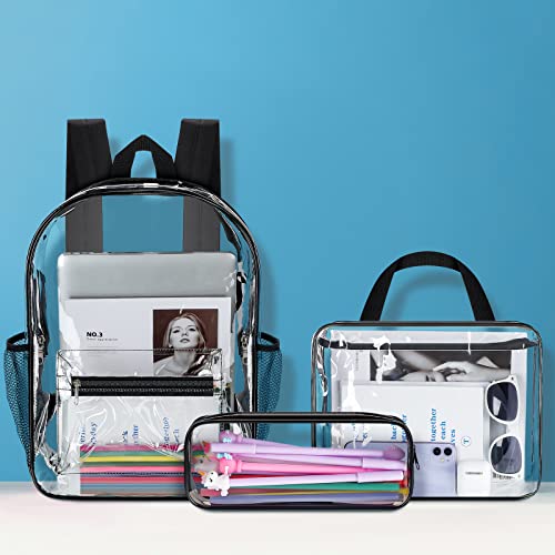 3 Pieces Clear Backpack PVC See Through Backpack Heavy Duty Transparent Bookbag Stadium Approved Black Clear Backpack for School Stadium Travel Security Festival, Black