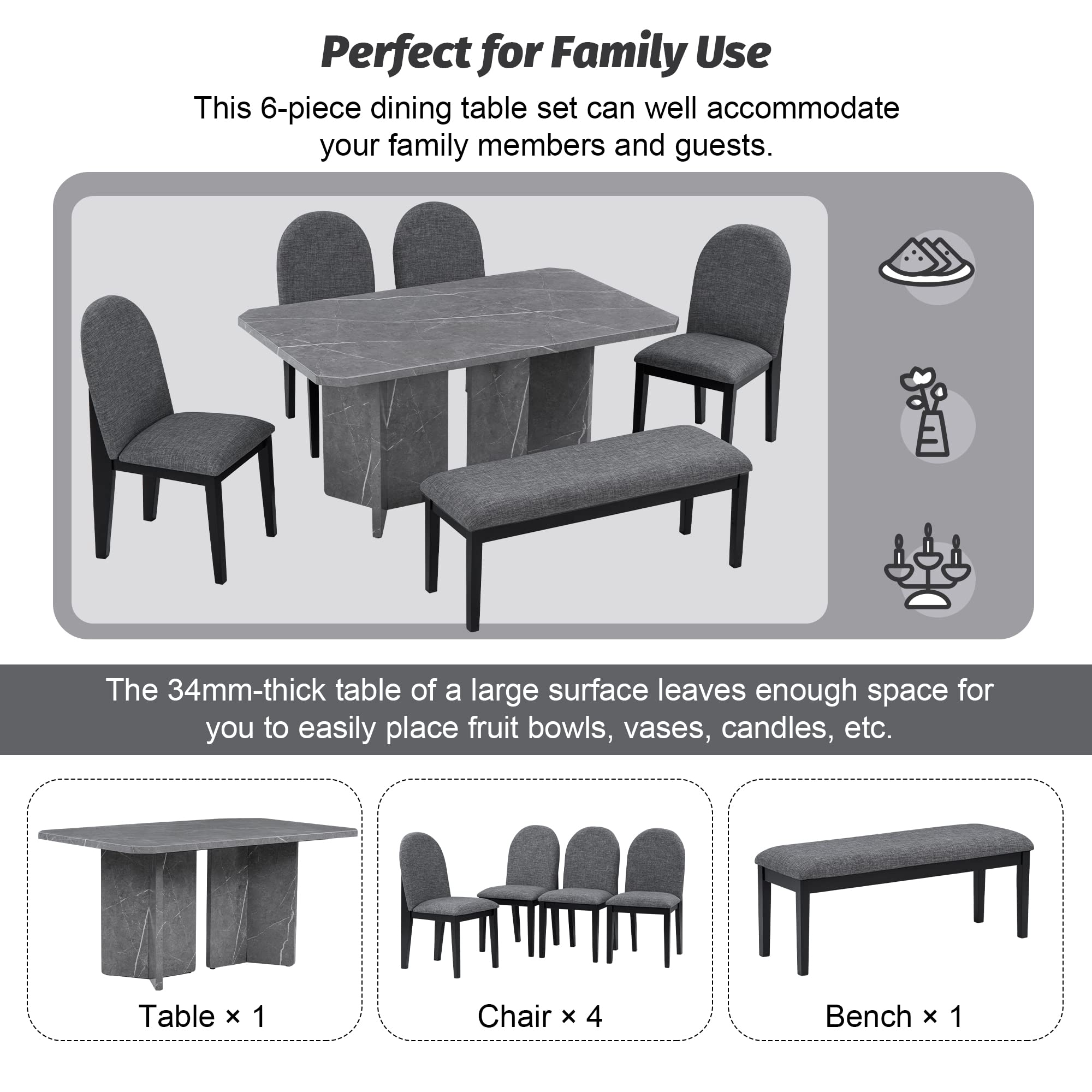 Merax 6 Pieces Dining Table Set with 4 Chairs and 1 Bench,Modern Faux Marble Kitchen Furniture, Gray