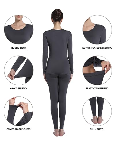 serava Thermal Underwear for Women Long Johns, Base Layer Fleece Lined Top Bottom Set for Cold Weather (L,Grey)