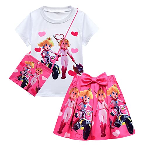 Princess Peach Girls Skirt Super Cute Cartoon Short Sleeve Kids Tutu Skirt Dance Dress 2Pcs Outfit Top Tee (as1, Age, 7_Years, 8_Years, Red)