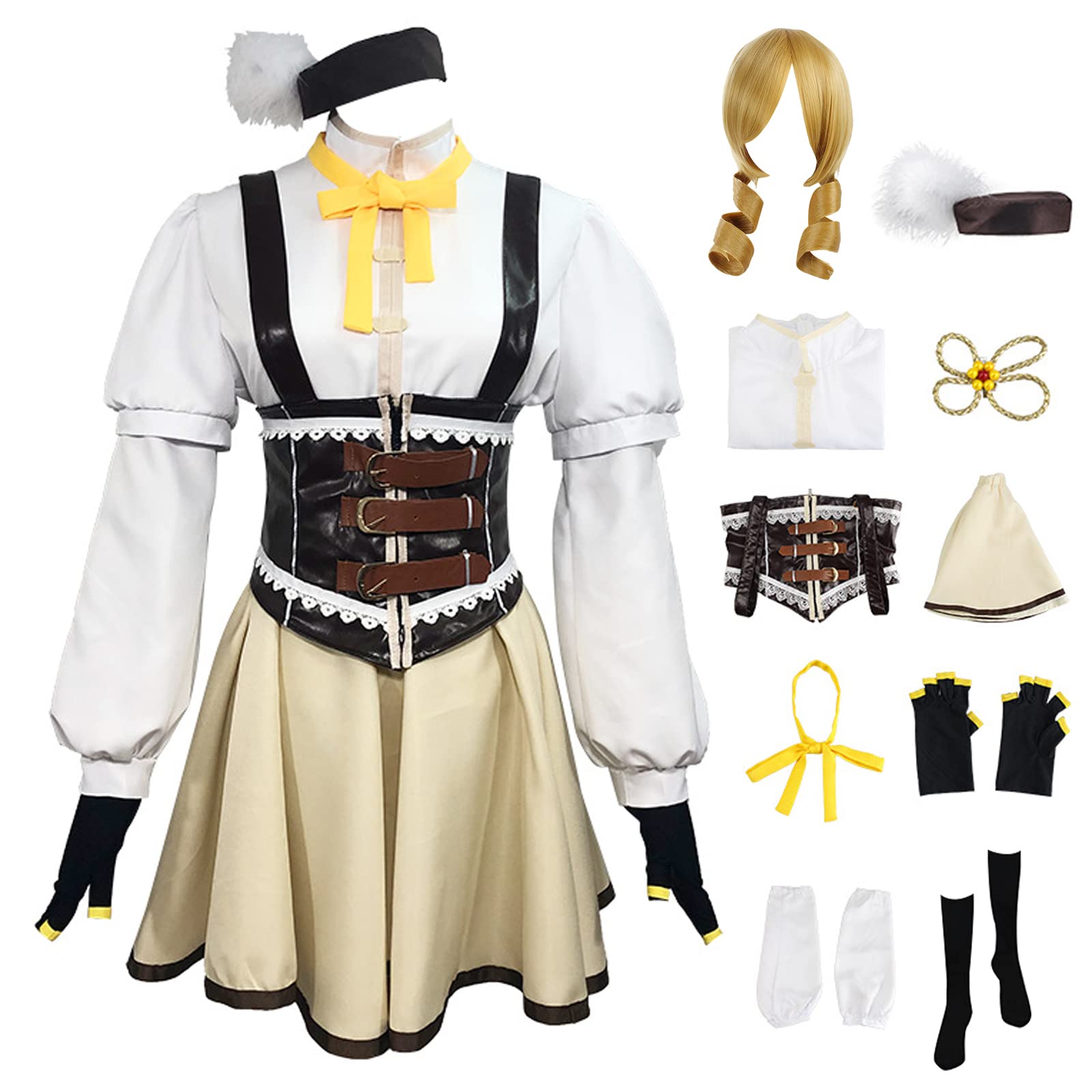 TMSREBU Tomoe Mami Cosplay Costume Outfit Dress Uniform Halloween Suit Full Set(BBM,Wig,L)