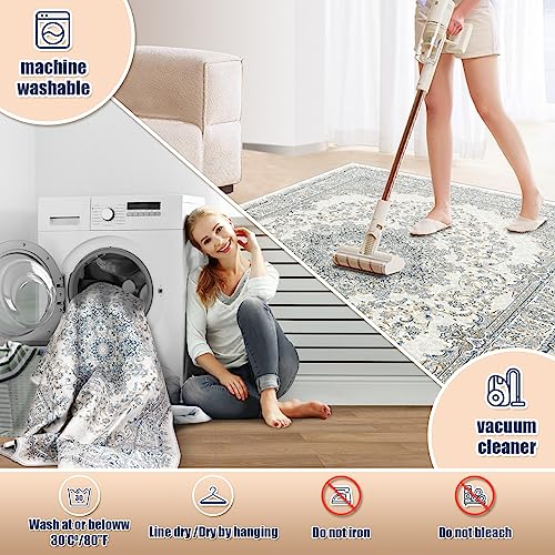 8x10 Area Rugs for Living Room: Large Machine Washable Area Rug with Non Slip Backing Neutral Farmhouse Rug Thin Floral Print Indoor Carpet for Under Dining Table Home Office Multi