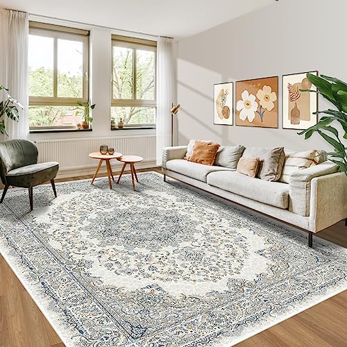 8x10 Area Rugs for Living Room: Large Machine Washable Area Rug with Non Slip Backing Neutral Farmhouse Rug Thin Floral Print Indoor Carpet for Under Dining Table Home Office Multi