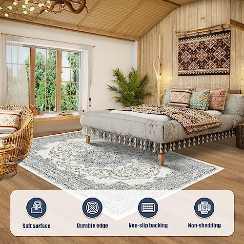 8x10 Area Rugs for Living Room: Large Machine Washable Area Rug with Non Slip Backing Neutral Farmhouse Rug Thin Floral Print Indoor Carpet for Under Dining Table Home Office Multi