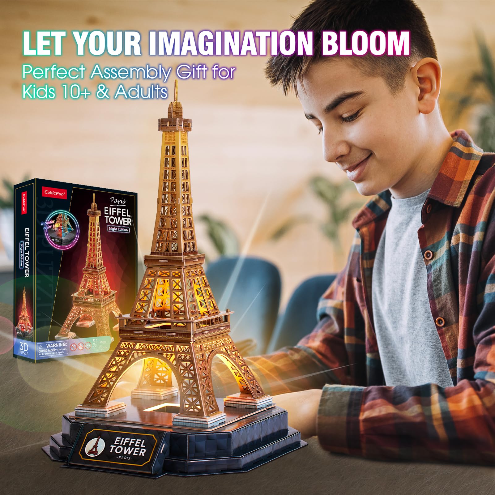 CubicFun 3D Puzzle LED Eiffel Tower with Colorful Lights 3D Puzzles for Adults Model Kits Franch Building Crafts for Adults Brain Teaser Architecture Desk Puzzle Gifts for Women Men