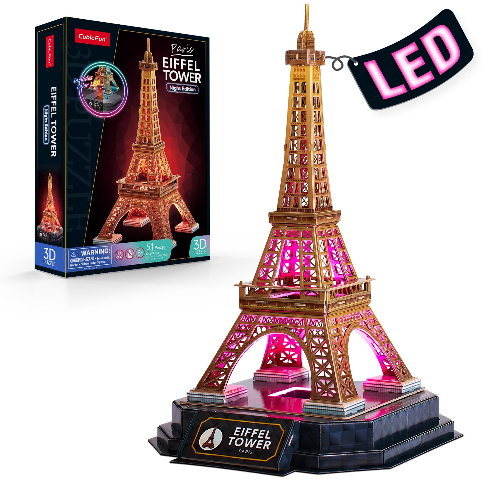 CubicFun 3D Puzzle LED Eiffel Tower with Colorful Lights 3D Puzzles for Adults Model Kits Franch Building Crafts for Adults Brain Teaser Architecture Desk Puzzle Gifts for Women Men