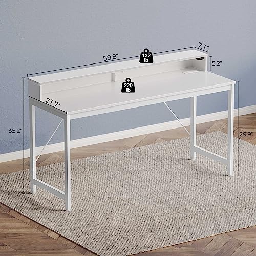 Rolanstar Computer Desk 59 inch with LED Lights & Power Outlets, Home Office Desk with Monitor Shelf, Gaming Desk, Writing Desk, Study Desk for Student & Kids, White