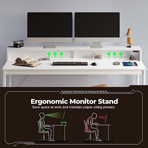 Rolanstar Computer Desk 59 inch with LED Lights & Power Outlets, Home Office Desk with Monitor Shelf, Gaming Desk, Writing Desk, Study Desk for Student & Kids, White