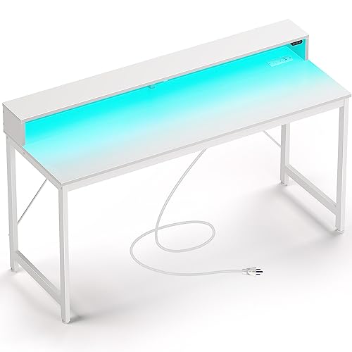 Rolanstar Computer Desk 59 inch with LED Lights & Power Outlets, Home Office Desk with Monitor Shelf, Gaming Desk, Writing Desk, Study Desk for Student & Kids, White