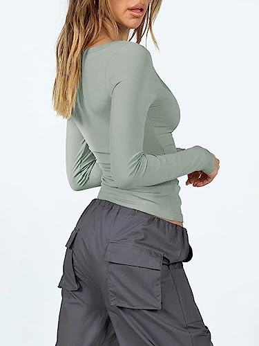 Lynwitkui Women's Ribbed Long Sleeve Tops Scoop Neck Slim Fitted Solid Casual T-Shirt Light Green