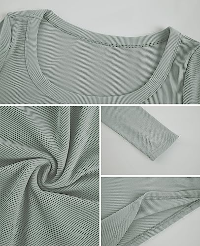 Lynwitkui Women's Ribbed Long Sleeve Tops Scoop Neck Slim Fitted Solid Casual T-Shirt Light Green