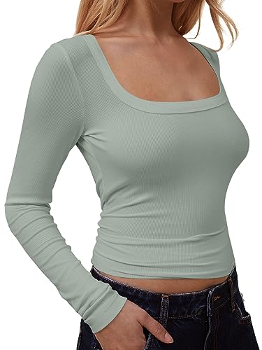 Lynwitkui Women's Ribbed Long Sleeve Tops Scoop Neck Slim Fitted Solid Casual T-Shirt Light Green