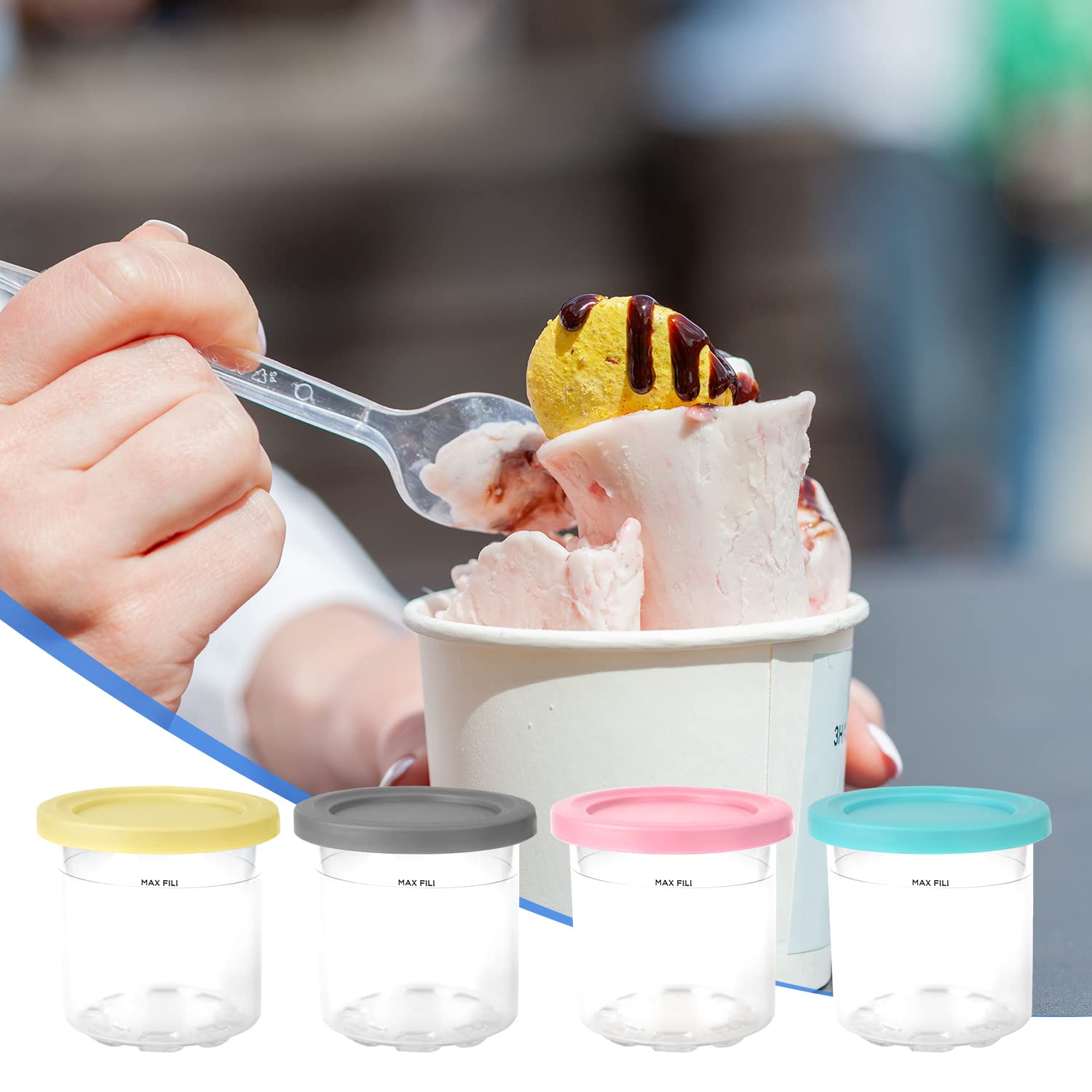 LUTER 4pcs Ice Cream Pint Containers, Containers Replacement for Ninja Creami Pints Ice Cream Containers with Lids for Omnikit with 4 Spoons Compatible with NC301 NC300 NC299AMZ Ice Cream Maker