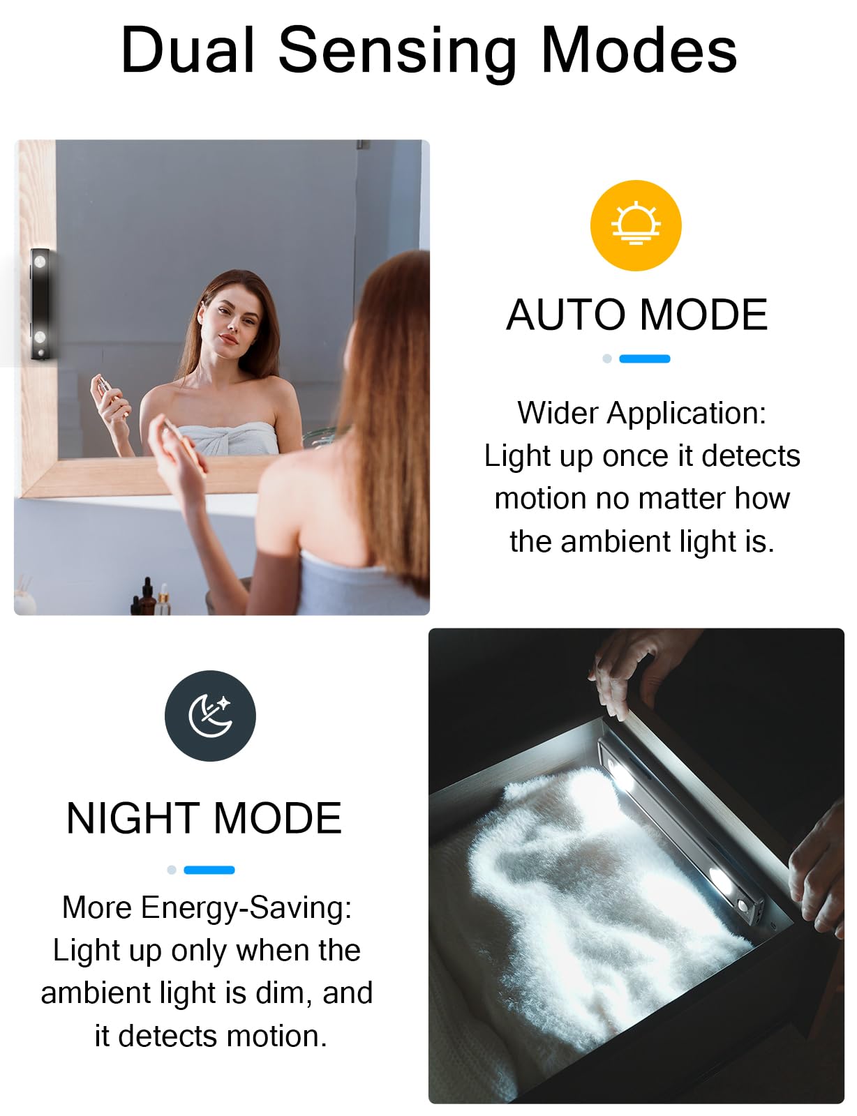 Under Cabinet Lights, Wireless Motion Sensor Light Indoor, Black 10in LED White Lighting Rechargeable Battery Operated,4 Modes Night Light, Stick-On Magnetic Closet Lights for Kitchen, Hallway(2 Pack)