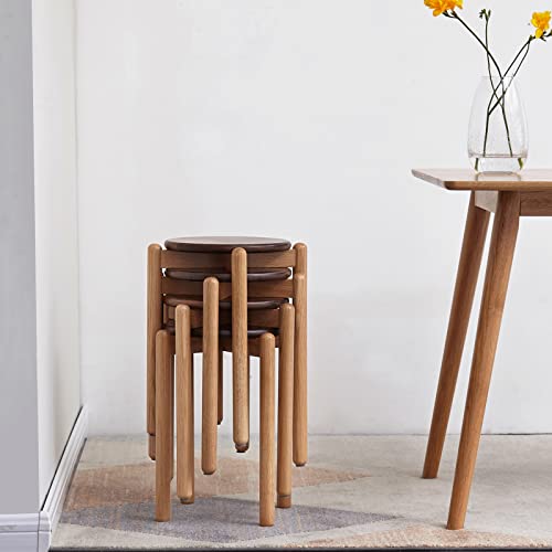 Grewood 100% Solid Oak Wood Round Stool, Kitchen & Dining Room Stools, Kids Stool, Stackable Stools for Living Room,Home, Classroom, Easy Assembly, 16.73IN