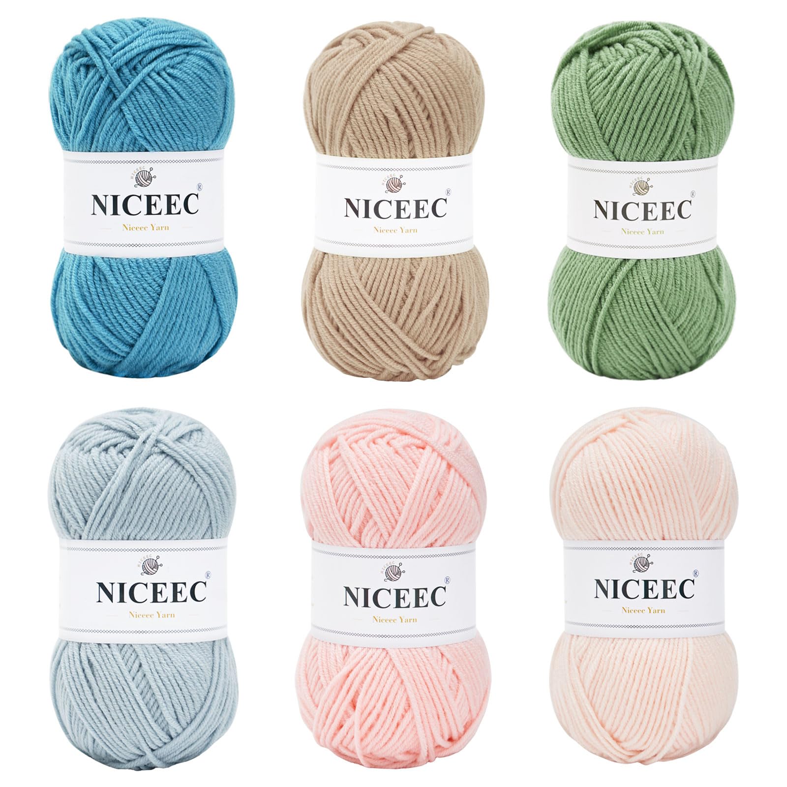 NICEEC 6×50g Soft Assorted Colors Yarn Sport Weight Yarn Bonbons Yarn for Crochet Knit 4 Ply Acrylic Yarn for DIY Project Starter Crochet Kit for Kids or Adults(6×145yds)-Series 12