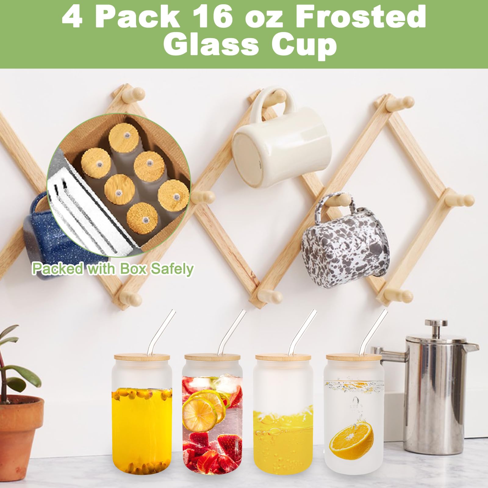CYEAH 16 Oz Frosted Glass Cups With Bamboo Lids and Straws, 4 Pcs Sublimation Tumblers, 2 Brushes, Reusable Mason Drinking Glasses for Iced Coffee, Juice, Boba, Milk