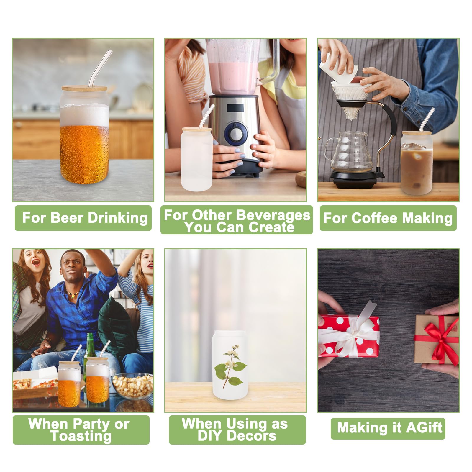 CYEAH 16 Oz Frosted Glass Cups With Bamboo Lids and Straws, 4 Pcs Sublimation Tumblers, 2 Brushes, Reusable Mason Drinking Glasses for Iced Coffee, Juice, Boba, Milk