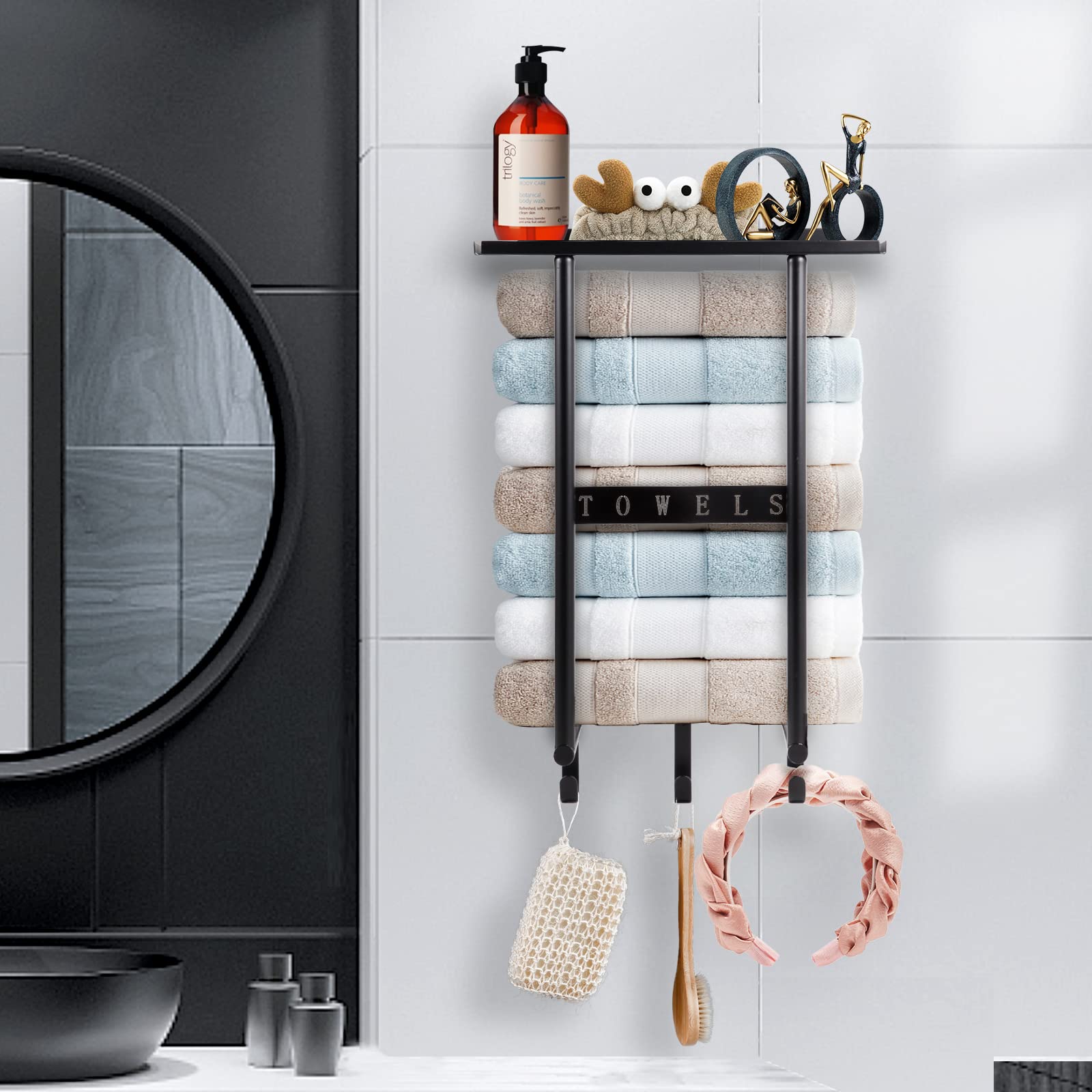 Towel Racks for Bathroom Wall Mounted, Wall Towel Rack for Rolled Towels, Bathroom Wall Organizers and Towel Storage, With Metal Shelf and 3 Hooks for Small Bathroom, Camper, RV Storage, Black