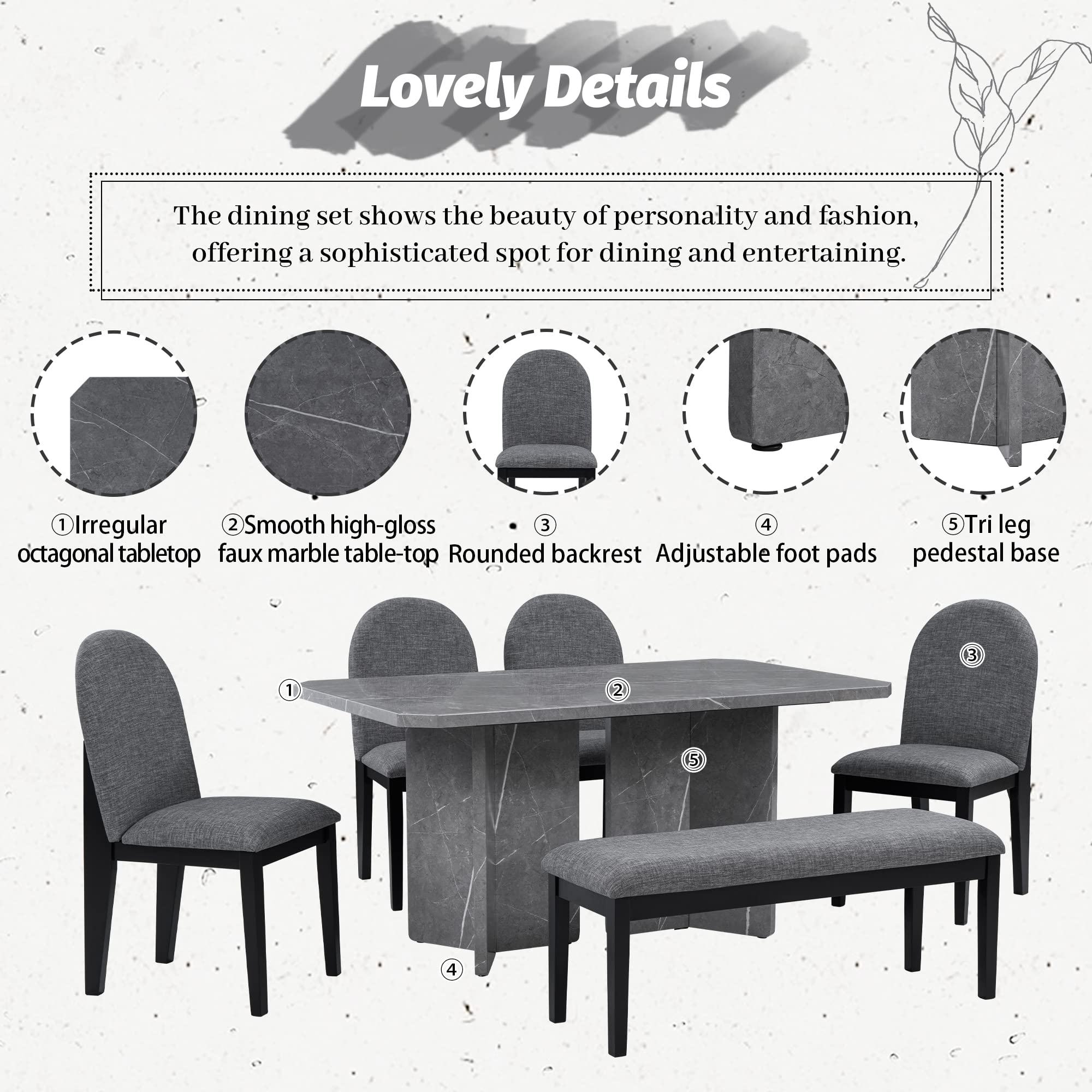 6-Piece Modern Style Dining Table Set with 4 Upholstered Dining Chairs and 1 Bench, Wood Dining Table with Faux Marble Table for Kitchen Living Room, Dining Table Set for 6 (Gray + Solid Wood-A033)