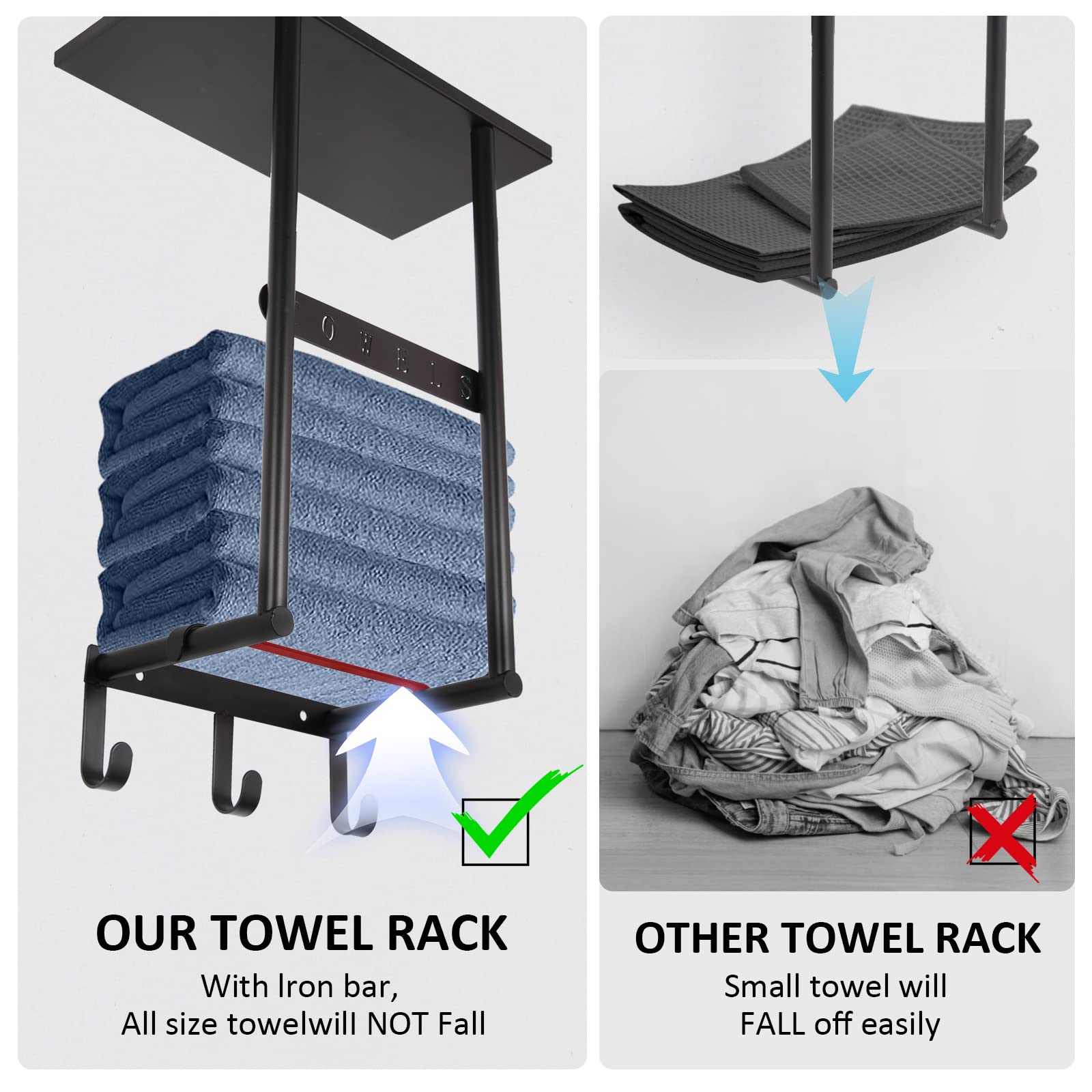 Towel Racks for Bathroom Wall Mounted, Wall Towel Rack for Rolled Towels, Bathroom Wall Organizers and Towel Storage, With Metal Shelf and 3 Hooks for Small Bathroom, Camper, RV Storage, Black