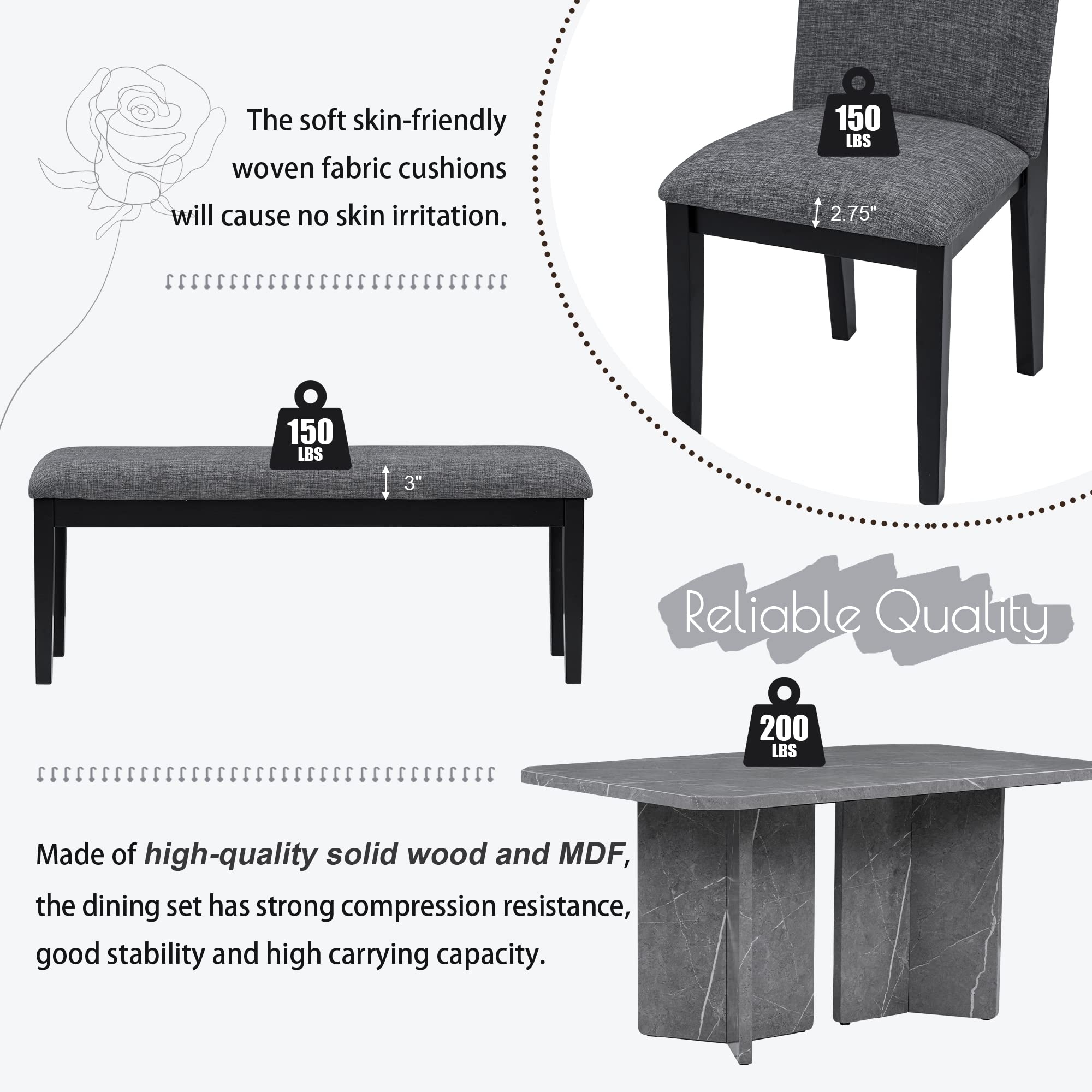 6-Piece Modern Style Dining Table Set with 4 Upholstered Dining Chairs and 1 Bench, Wood Dining Table with Faux Marble Table for Kitchen Living Room, Dining Table Set for 6 (Gray + Solid Wood-A033)