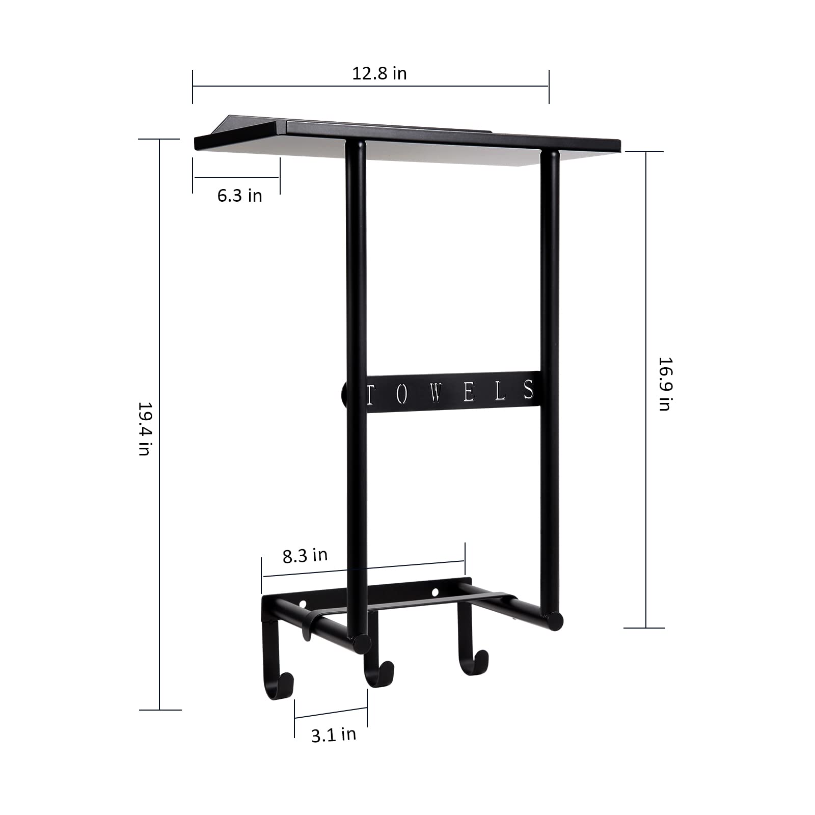 Towel Racks for Bathroom Wall Mounted, Wall Towel Rack for Rolled Towels, Bathroom Wall Organizers and Towel Storage, With Metal Shelf and 3 Hooks for Small Bathroom, Camper, RV Storage, Black