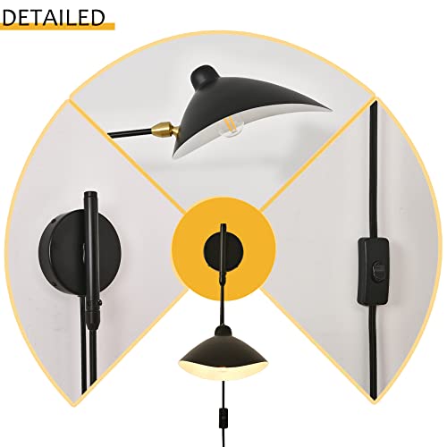 Modern Wall Sconce Plug in or Hardwired Adjustable Swing Arm Vintage Wall Lamp,Mid-Century Black Wall Lights Rotatable for Bedside Living Room,Brass and Black Finish (2 Pack) (1 Light)