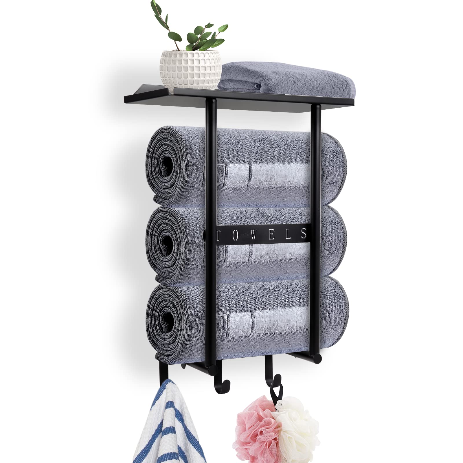 Towel Racks for Bathroom Wall Mounted, Wall Towel Rack for Rolled Towels, Bathroom Wall Organizers and Towel Storage, With Metal Shelf and 3 Hooks for Small Bathroom, Camper, RV Storage, Black