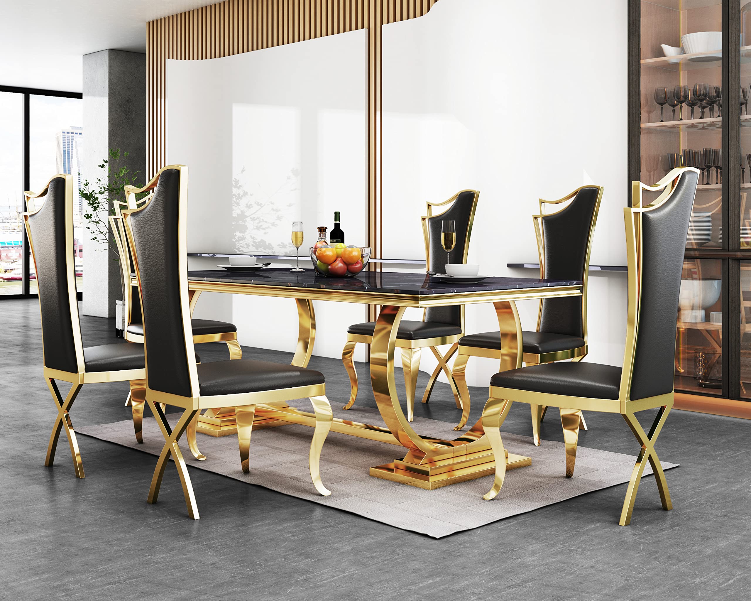 70" Marble Dining Table for 6-8, Luxury Gold Kitchen Table, Mid-Century Modern Black Fuax Marble Dining Room Table with Stainless Steel Pedestal, Large Dining Table for Kitchen Dining Office