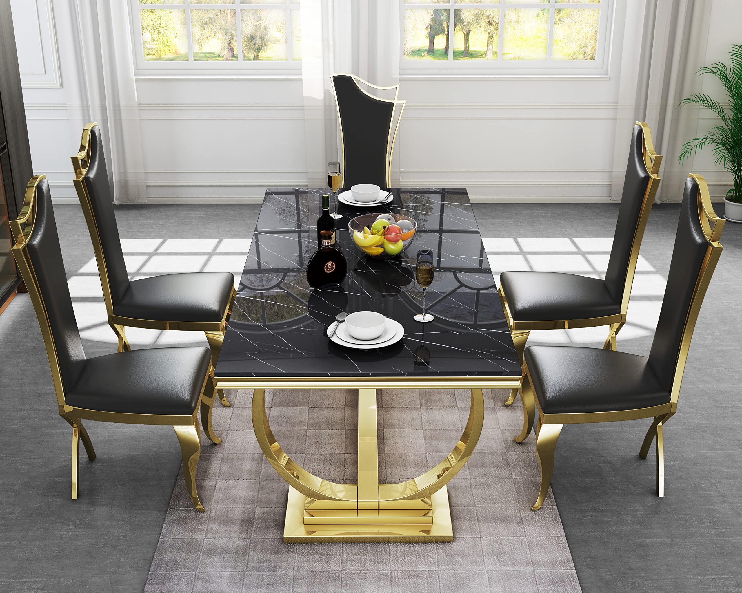70" Marble Dining Table for 6-8, Luxury Gold Kitchen Table, Mid-Century Modern Black Fuax Marble Dining Room Table with Stainless Steel Pedestal, Large Dining Table for Kitchen Dining Office
