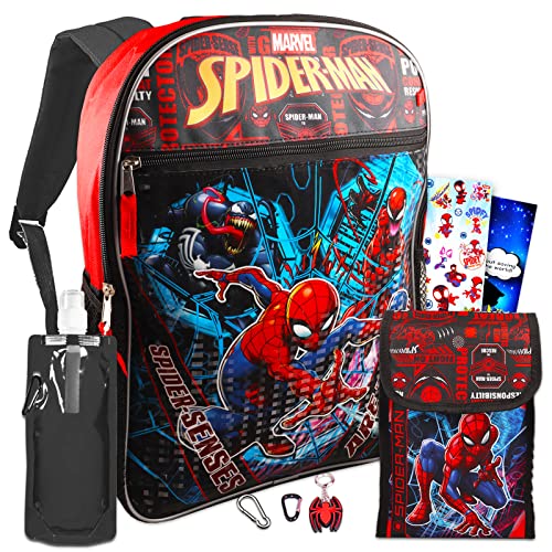 Marvel Studio Spiderman Backpack and Lunch Box Set - 16” Spiderman Backpack for Boys 8-12 Bundle with Spiderman Lunch Box for Boys 8-12, Water Bottle, More