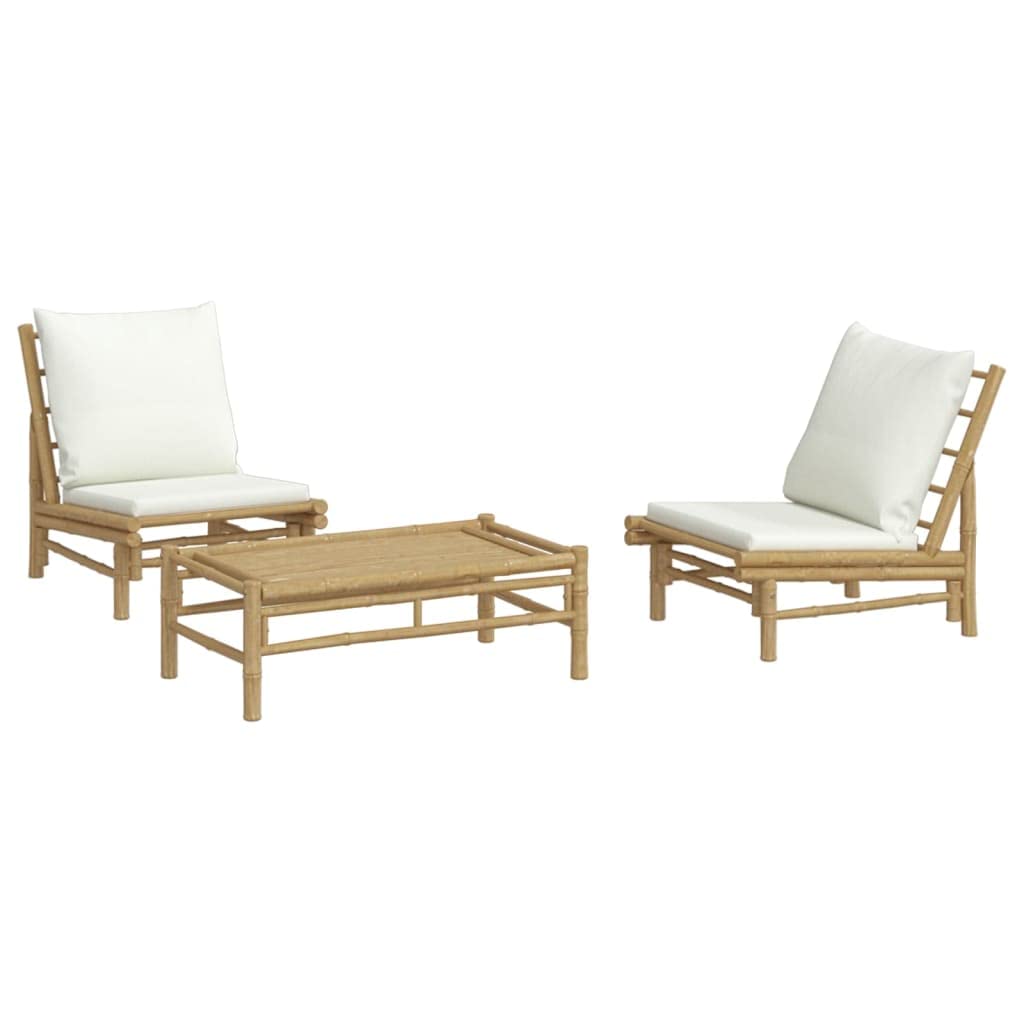 vidaXL Bamboo Patio Lounge Set - 3 Piece Outdoor Furniture with Cream White Cushions - Includes Comfortable Garden Sofa Chairs and Practical Coffee Table for Relaxation