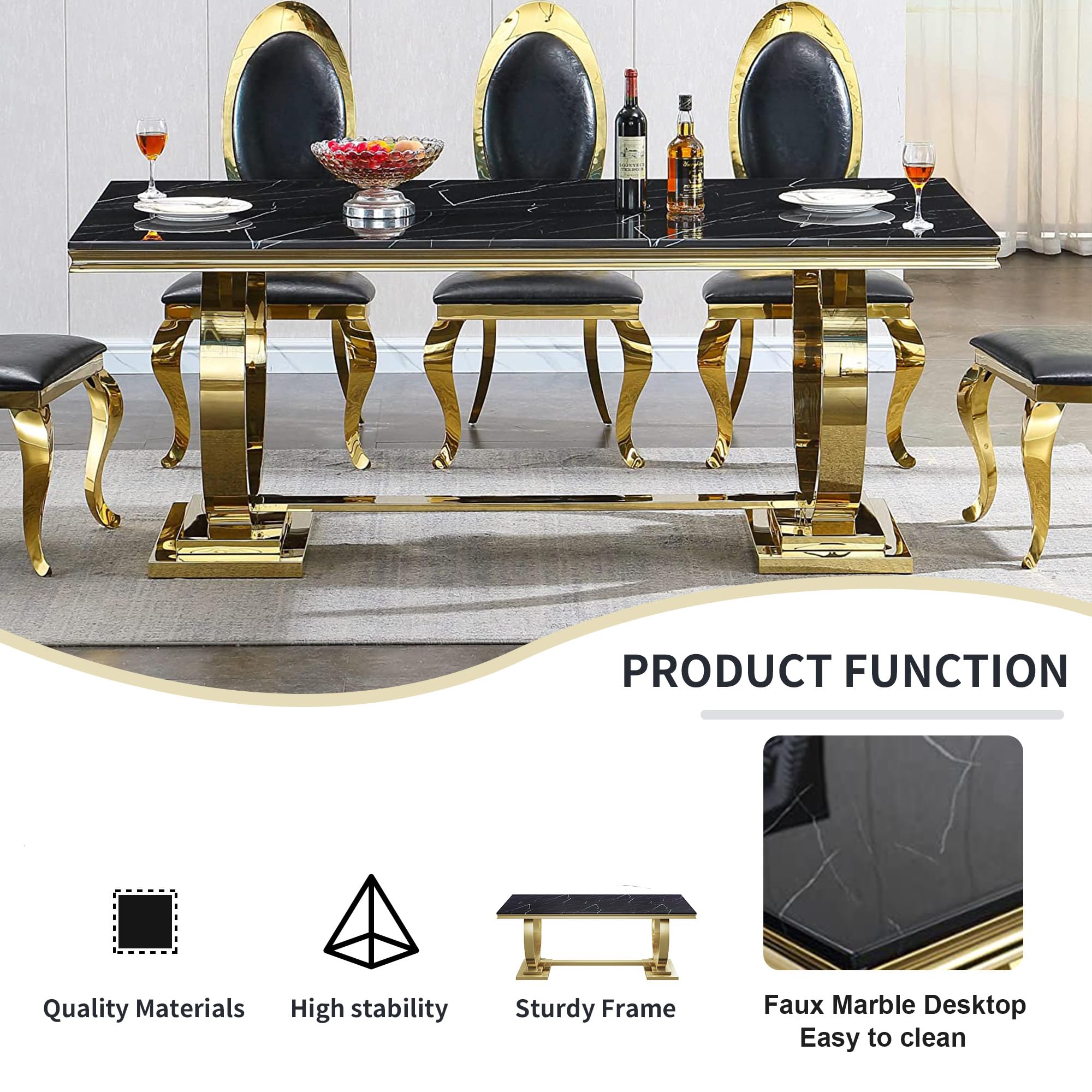 70" Marble Dining Table for 6-8, Luxury Gold Kitchen Table, Mid-Century Modern Black Fuax Marble Dining Room Table with Stainless Steel Pedestal, Large Dining Table for Kitchen Dining Office
