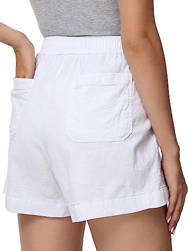 MCEDAR Linen Blend Shorts for Women Drawstring Elastic Waist Plus Size Beach Pants with Pockets White-AS