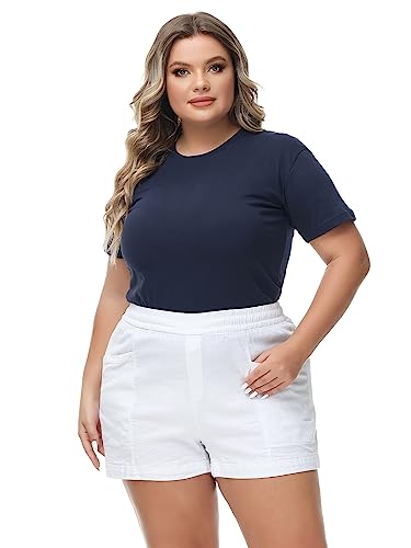 MCEDAR Linen Blend Shorts for Women Drawstring Elastic Waist Plus Size Beach Pants with Pockets White-AS