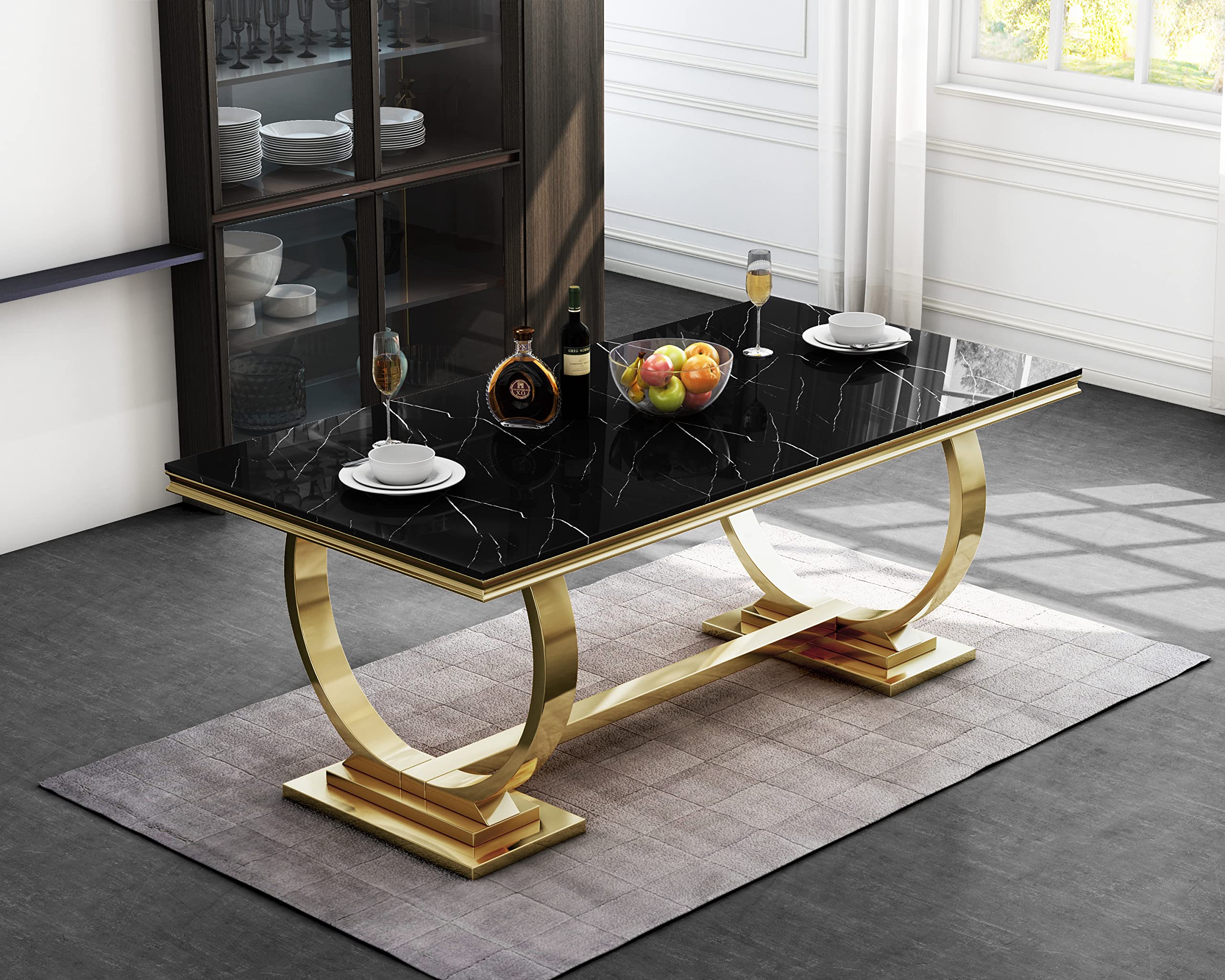 70" Marble Dining Table for 6-8, Luxury Gold Kitchen Table, Mid-Century Modern Black Fuax Marble Dining Room Table with Stainless Steel Pedestal, Large Dining Table for Kitchen Dining Office