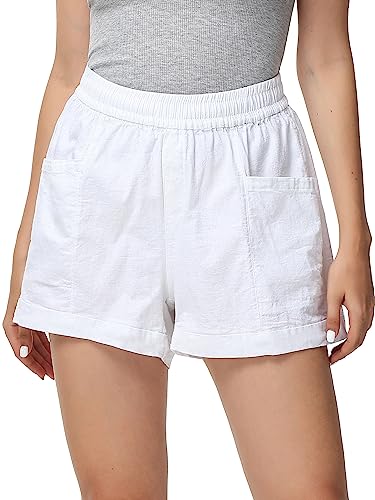 MCEDAR Linen Blend Shorts for Women Drawstring Elastic Waist Plus Size Beach Pants with Pockets White-AS